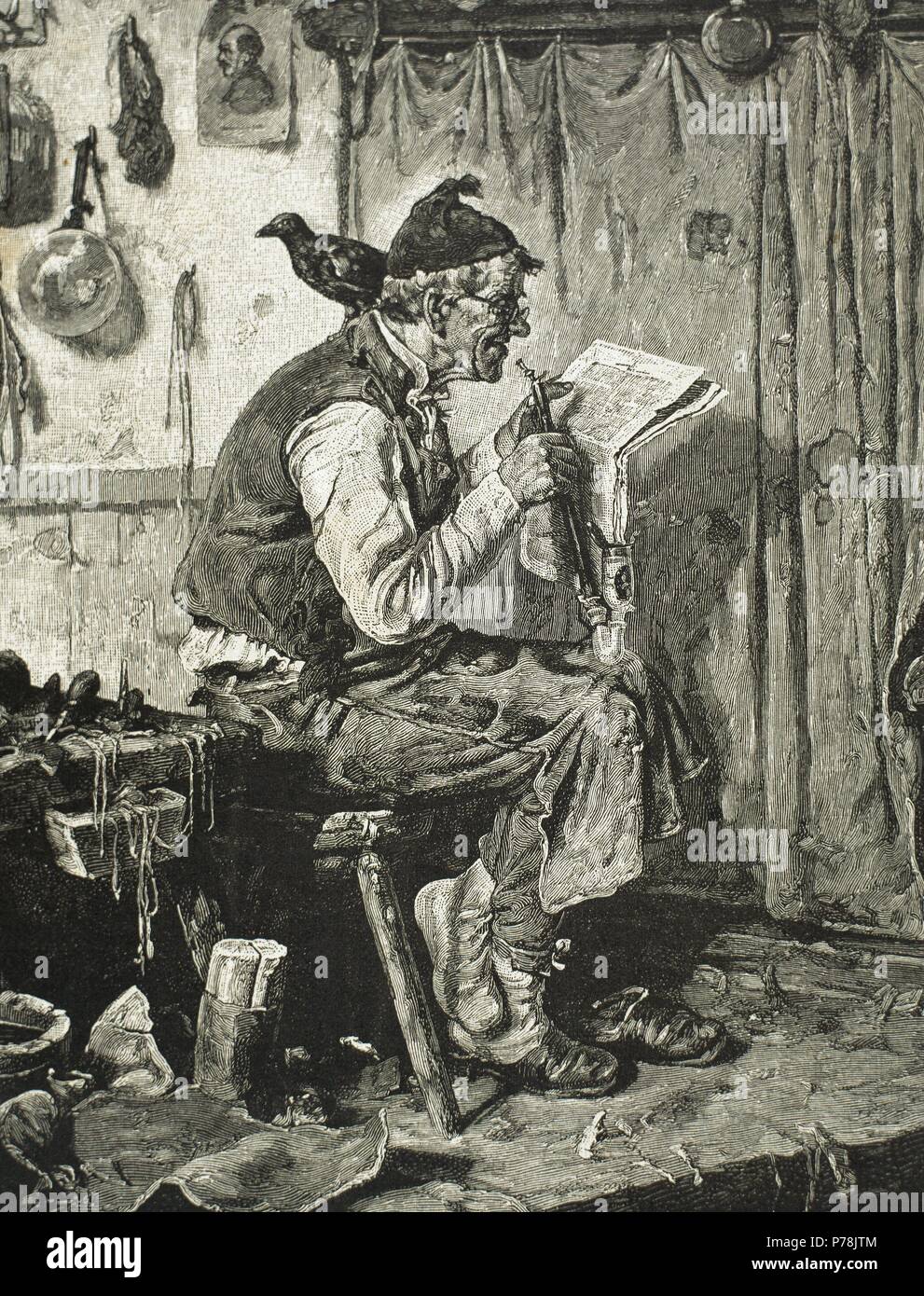 Old man reading the newspaper. Engraving. 19th century. Spain Stock ...