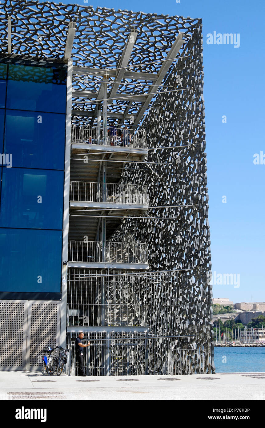 Detail of East corner of MuCEM building, showing steel fire escape ...