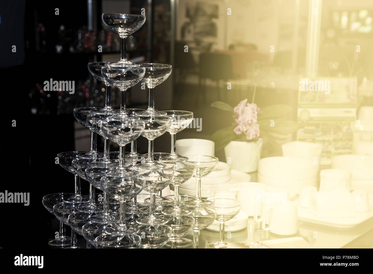 empty glasses for different drinks, toned background image, stacked on ...