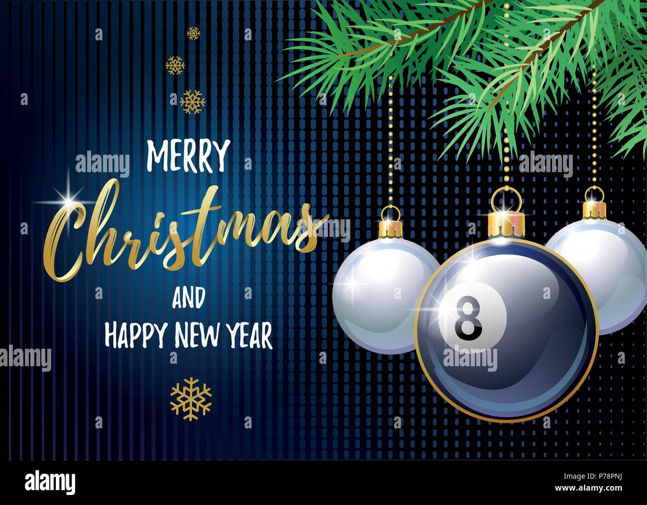 Merry Christmas and Happy New Year. Sports greeting card. Billiard ball ...