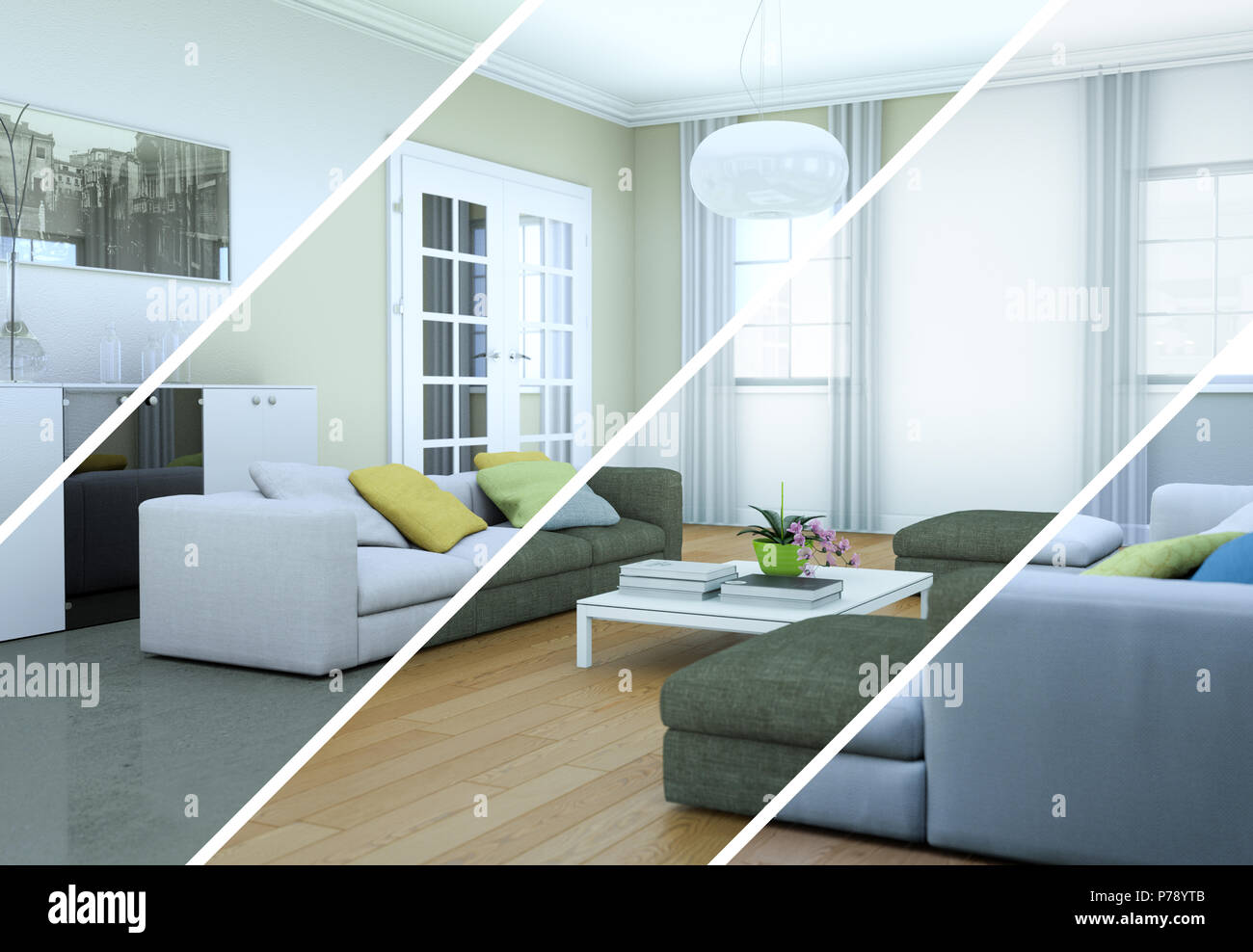 Splitted color variations of a modern loft interior design Stock Photo ...