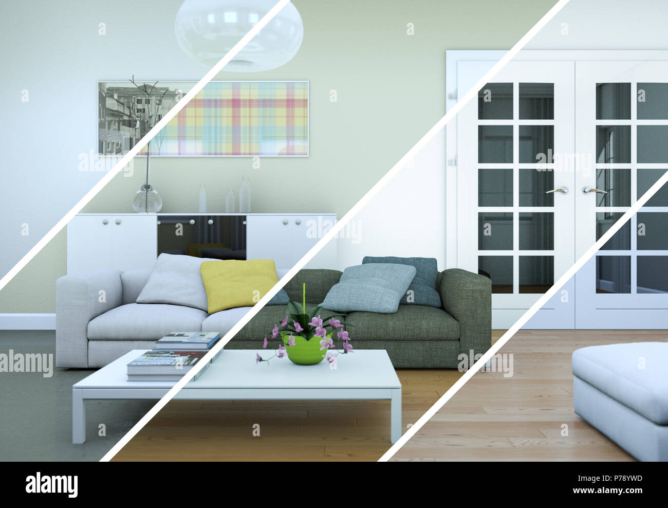 Splitted color variations of a modern loft interior design Stock Photo ...