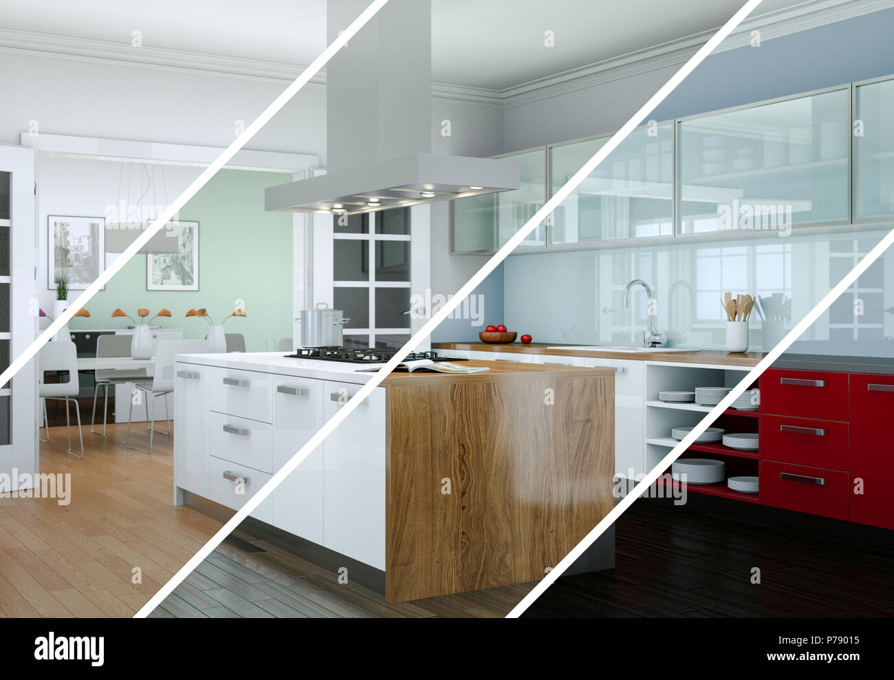 Splitted color variations of a modern kitchen with a beautiful design ...