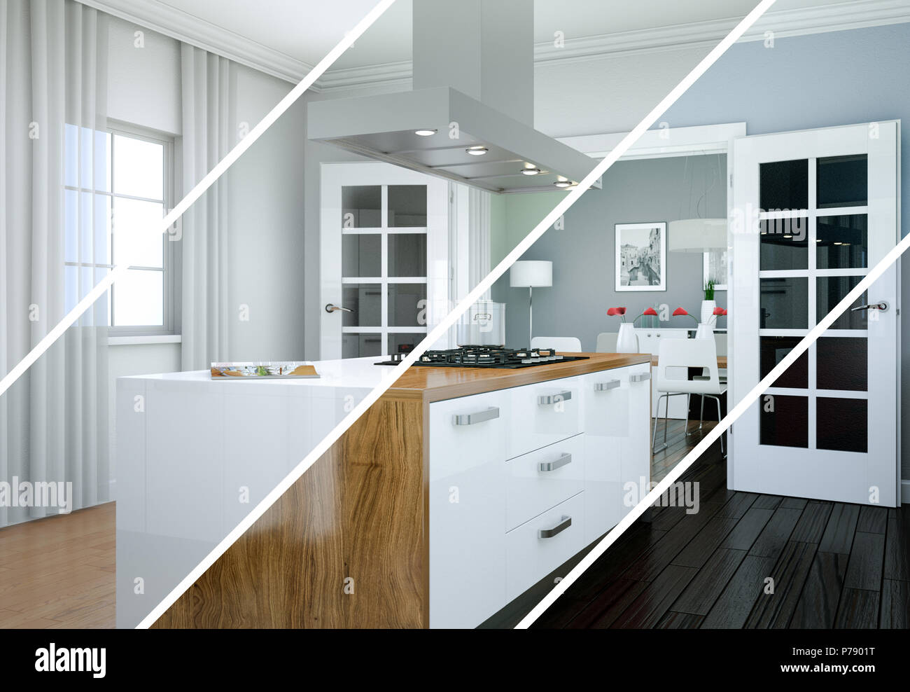 Splitted color variations of a modern kitchen with a beautiful design ...