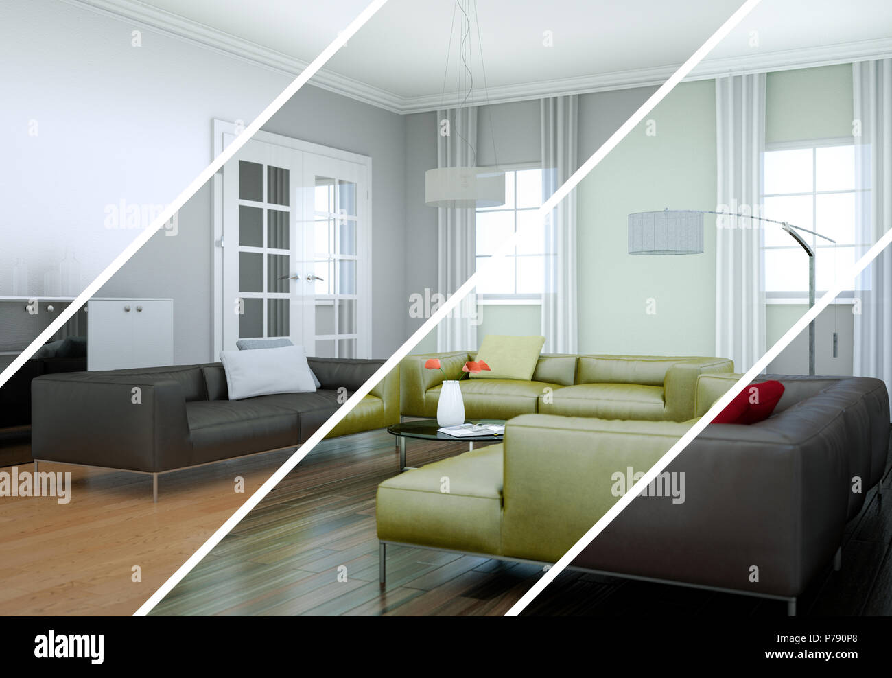 Splitted color variations of a modern loft interior design Stock Photo ...