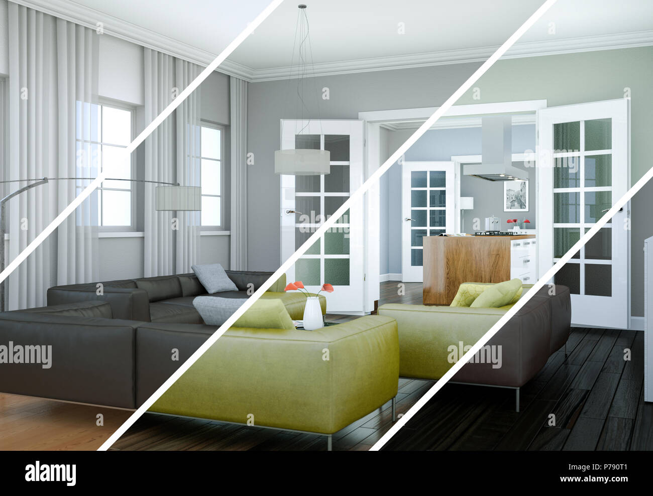 Splitted color variations of a modern loft interior design Stock Photo ...