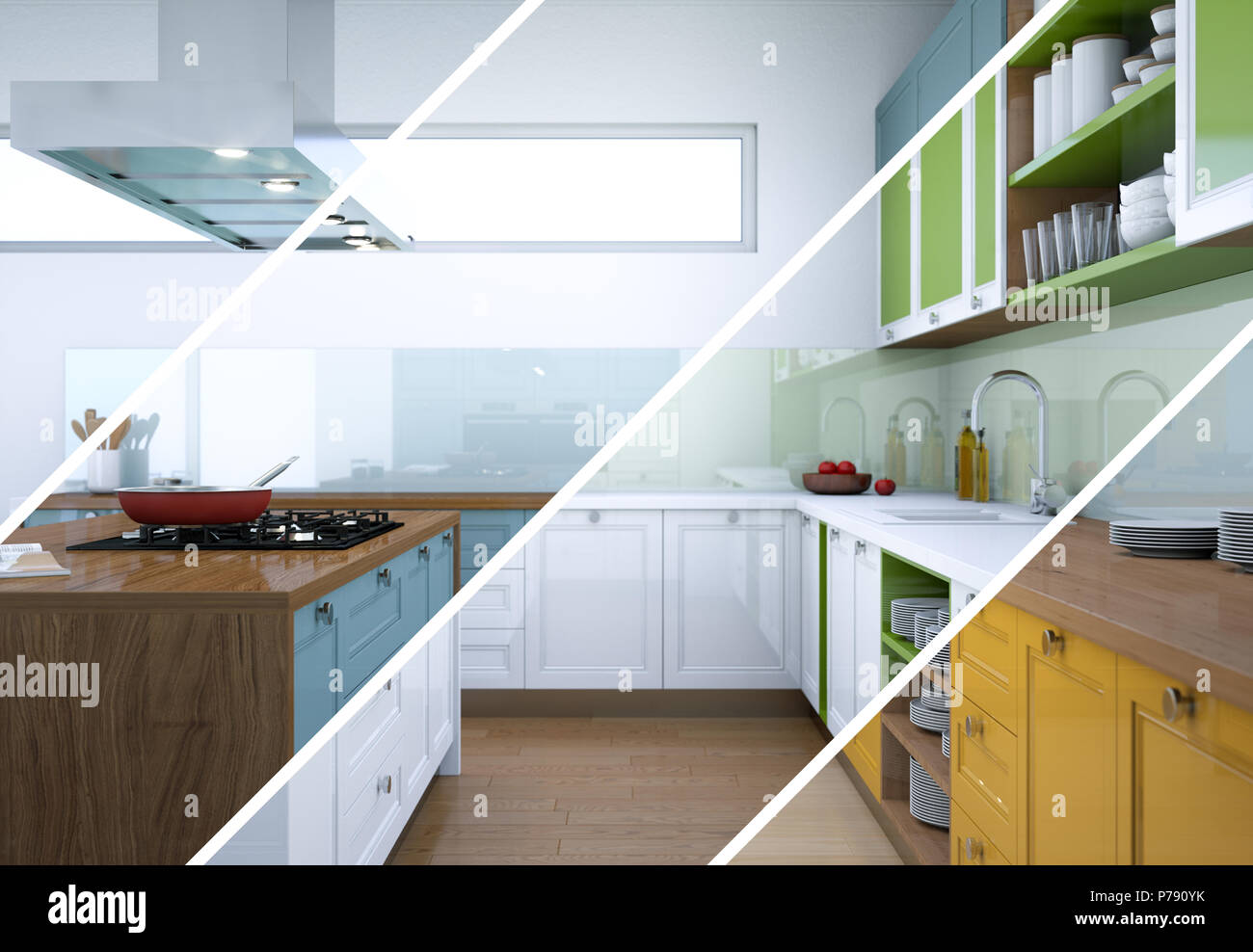 Splitted color variations of a modern kitchen with a beautiful design ...