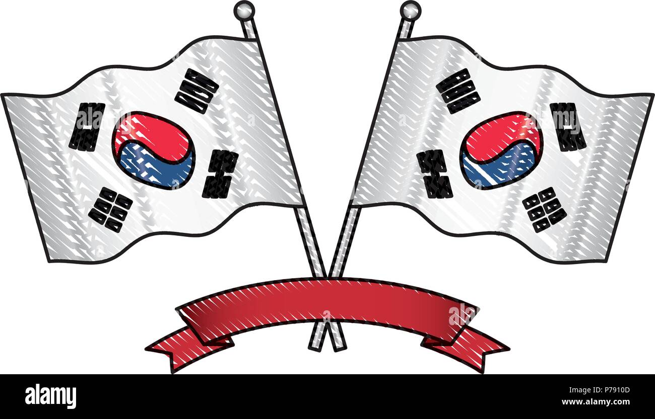 decorative ribbon and South Korea crossed flags over white background ...