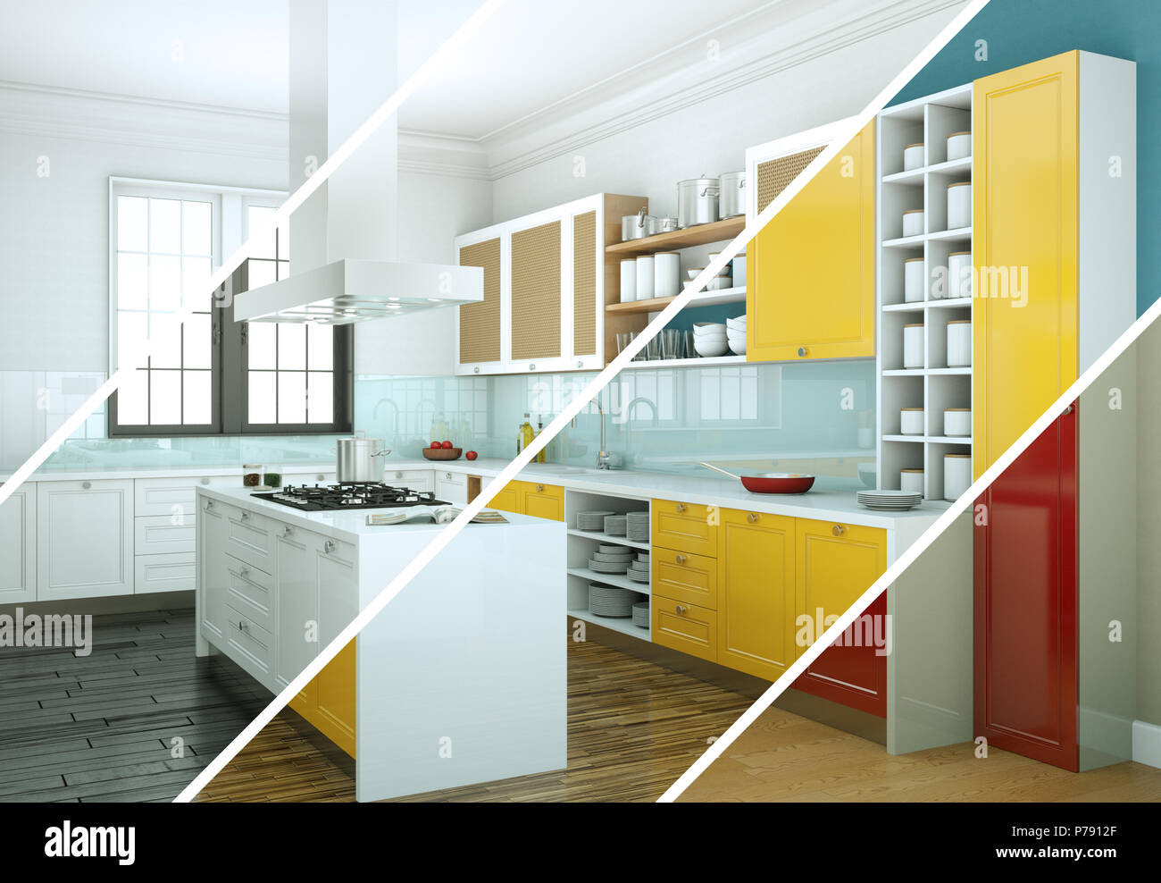 Splitted color variations of a modern kitchen with a beautiful design ...