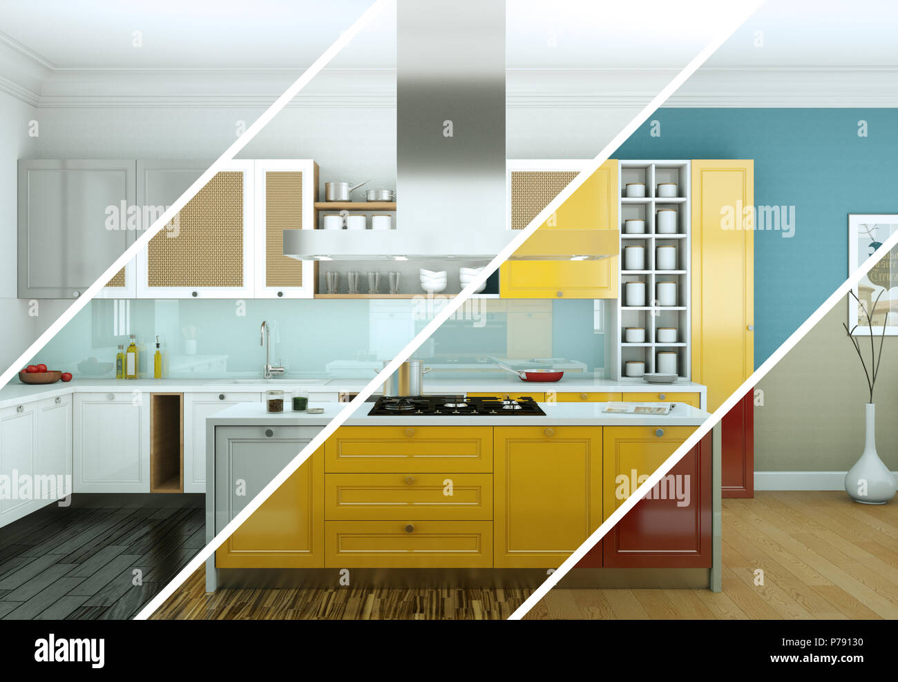 Splitted color variations of a modern kitchen with a beautiful design ...