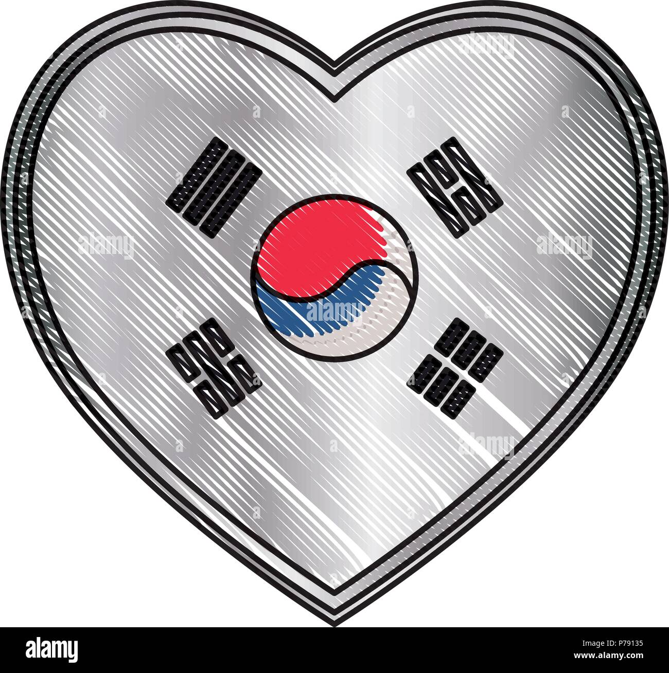 south korea flag in heart shape over white background, vector ...