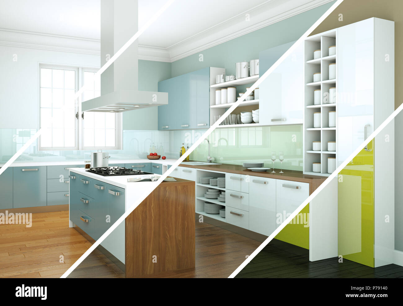 Splitted color variations of a modern kitchen with a beautiful design ...