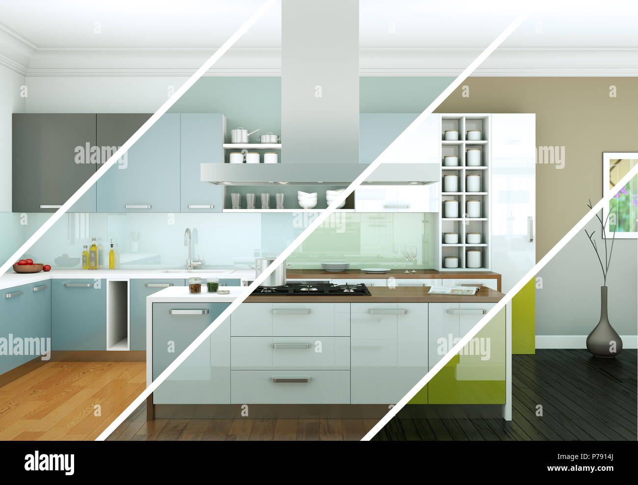 Splitted color variations of a modern kitchen with a beautiful design ...