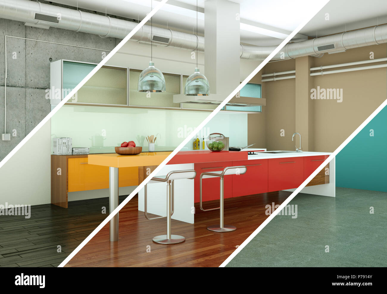 Splitted color variations of a modern kitchen with a beautiful design ...