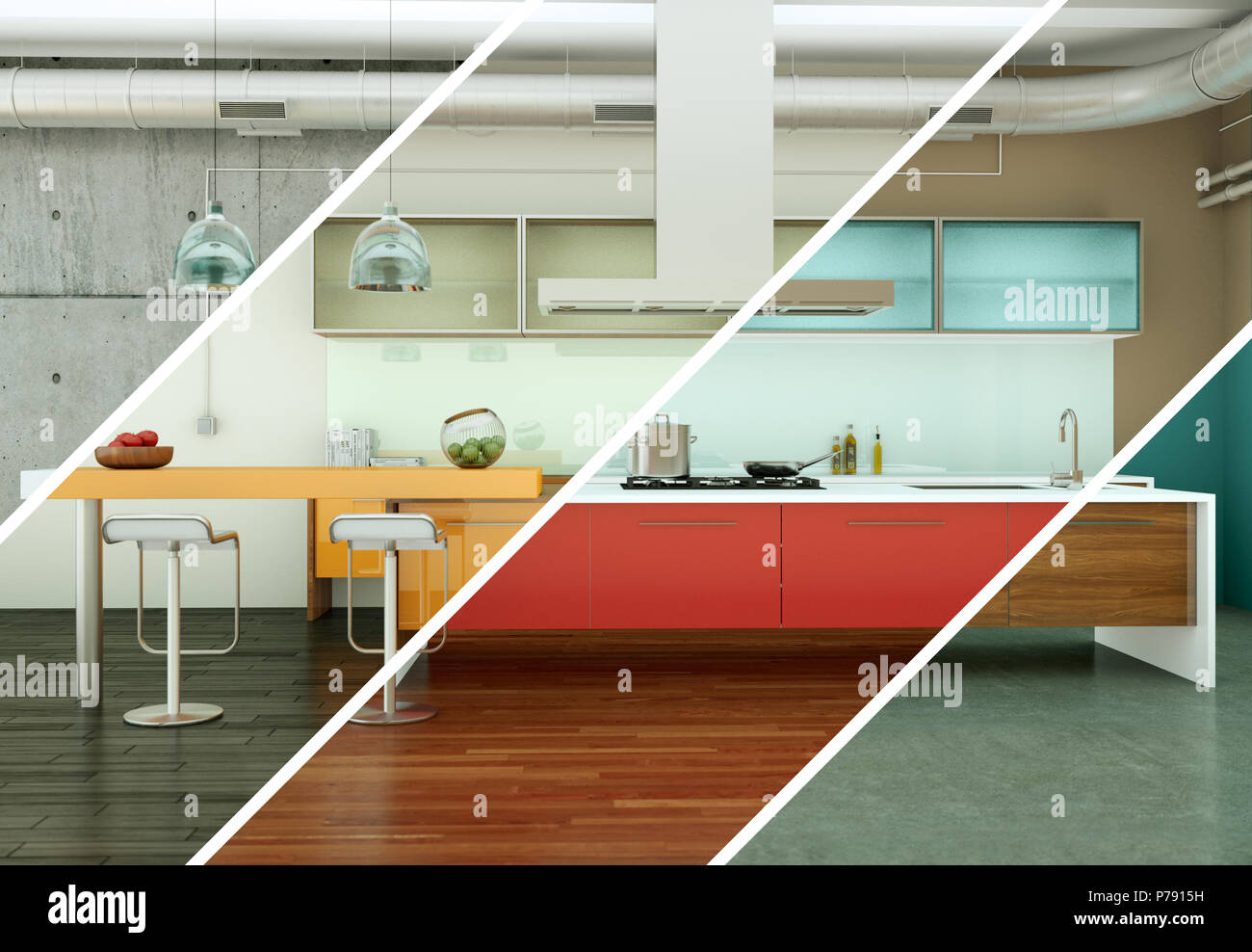 Splitted color variations of a modern kitchen with a beautiful design ...