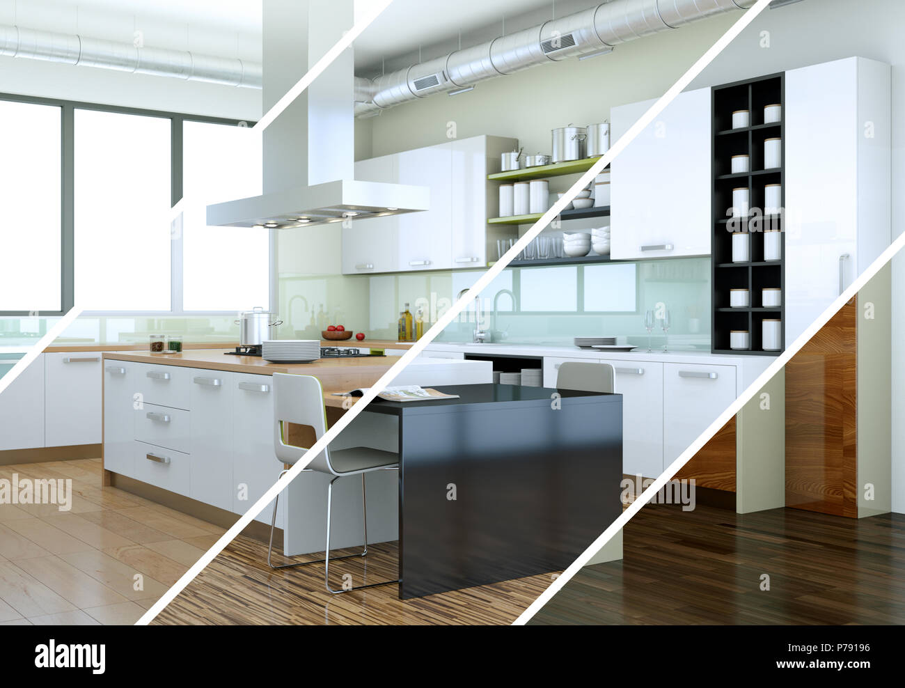 Splitted color variations of a modern kitchen with a beautiful design ...