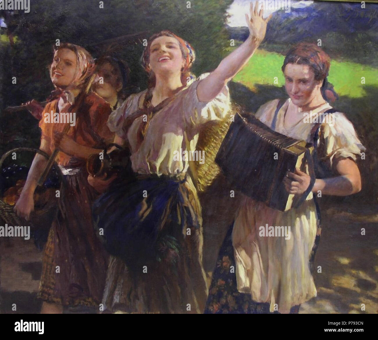 . German: Arbeitsmaiden vom Felde heimkehrend Working maidens before ...