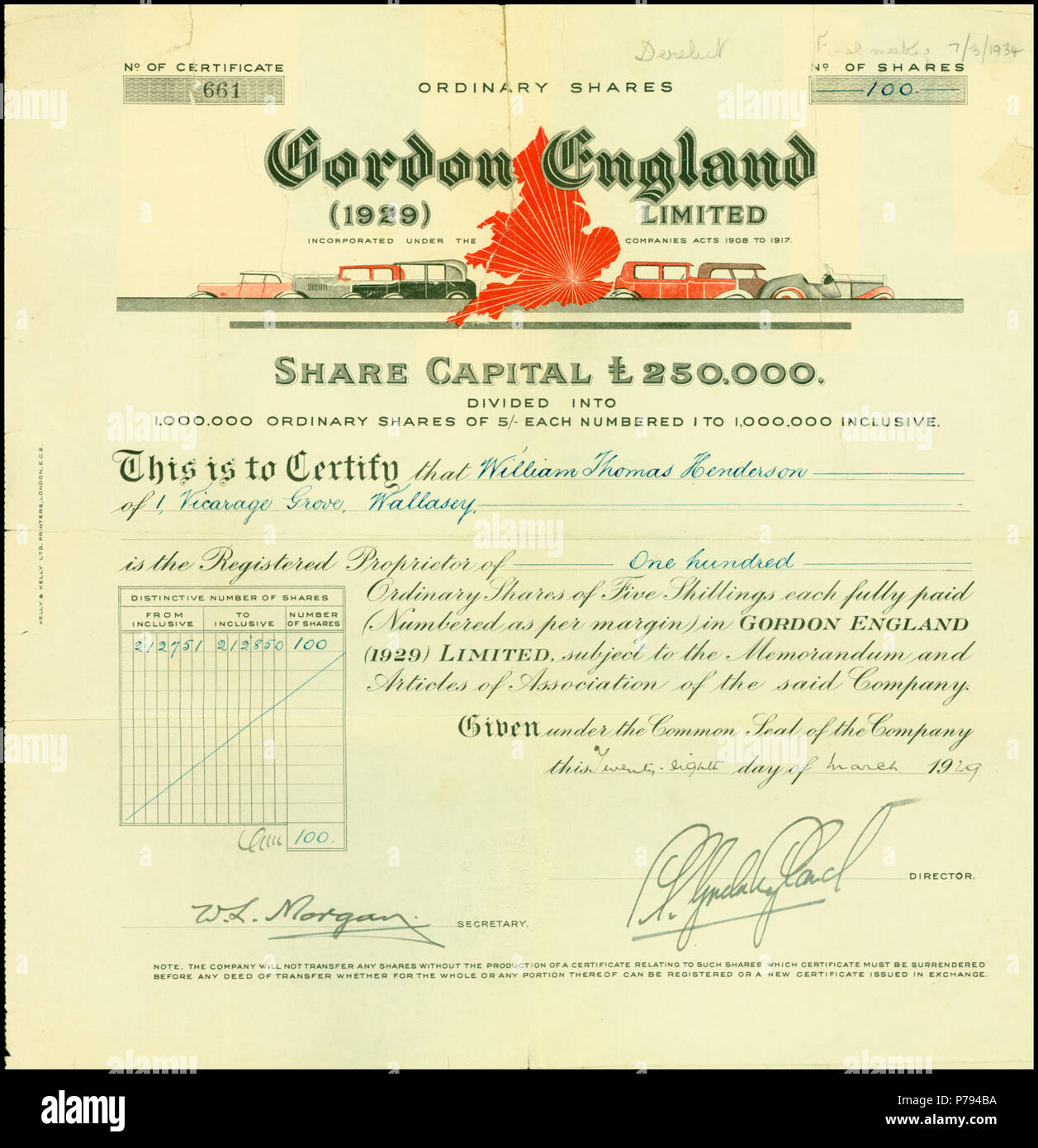 English: Share of the Gordon England (1929) Ltd., issued 28. March 1929 ...