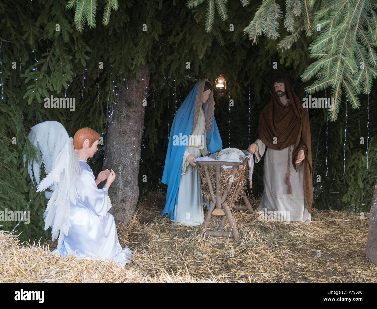 Christmas Manger nativity scene with figurines of baby child Jesus ...