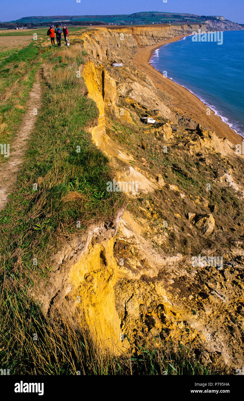 Three Walkers on Isle of Wight Coastal Path, Landslip at Brook Bay ...