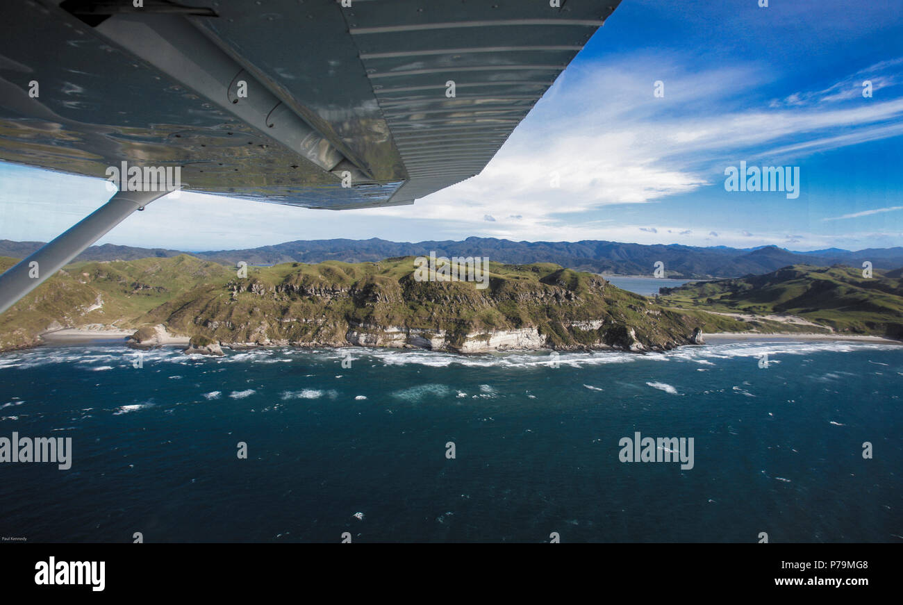 Aerial view of rugged coastline near Cape Farewell with Whanganui Inlet ...