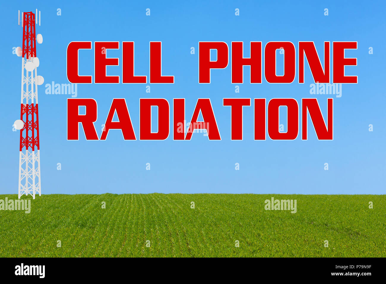 3D illustration of CELL PHONE RADIATION script beside a communication ...