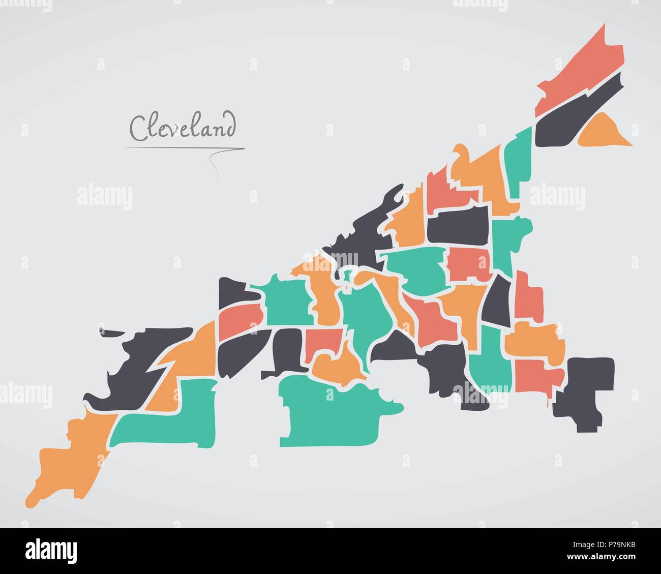 Cleveland Ohio Map with neighborhoods and modern round shapes Stock ...
