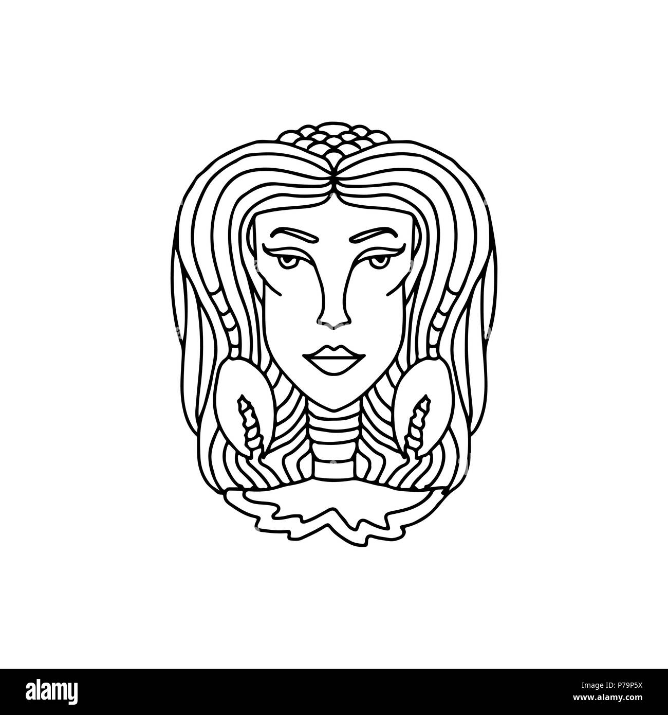 Cancer Girl Portrait Zodiac Sign For Adult Coloring Book Simple Black