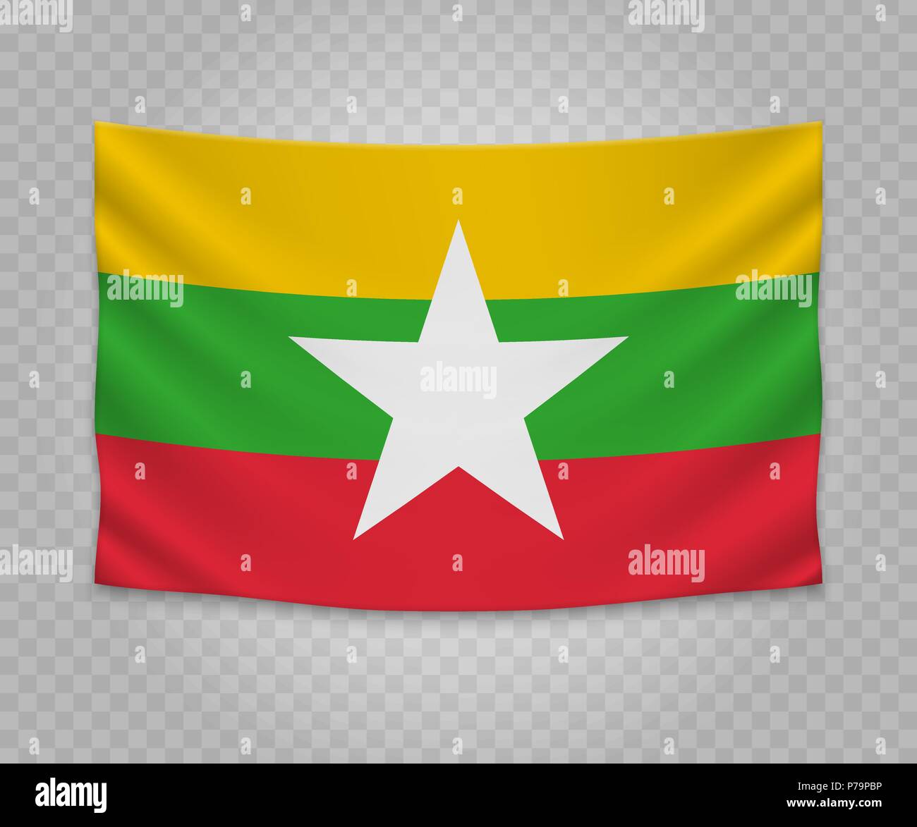 Realistic hanging flag of Myanmar. Empty fabric banner illustration ...