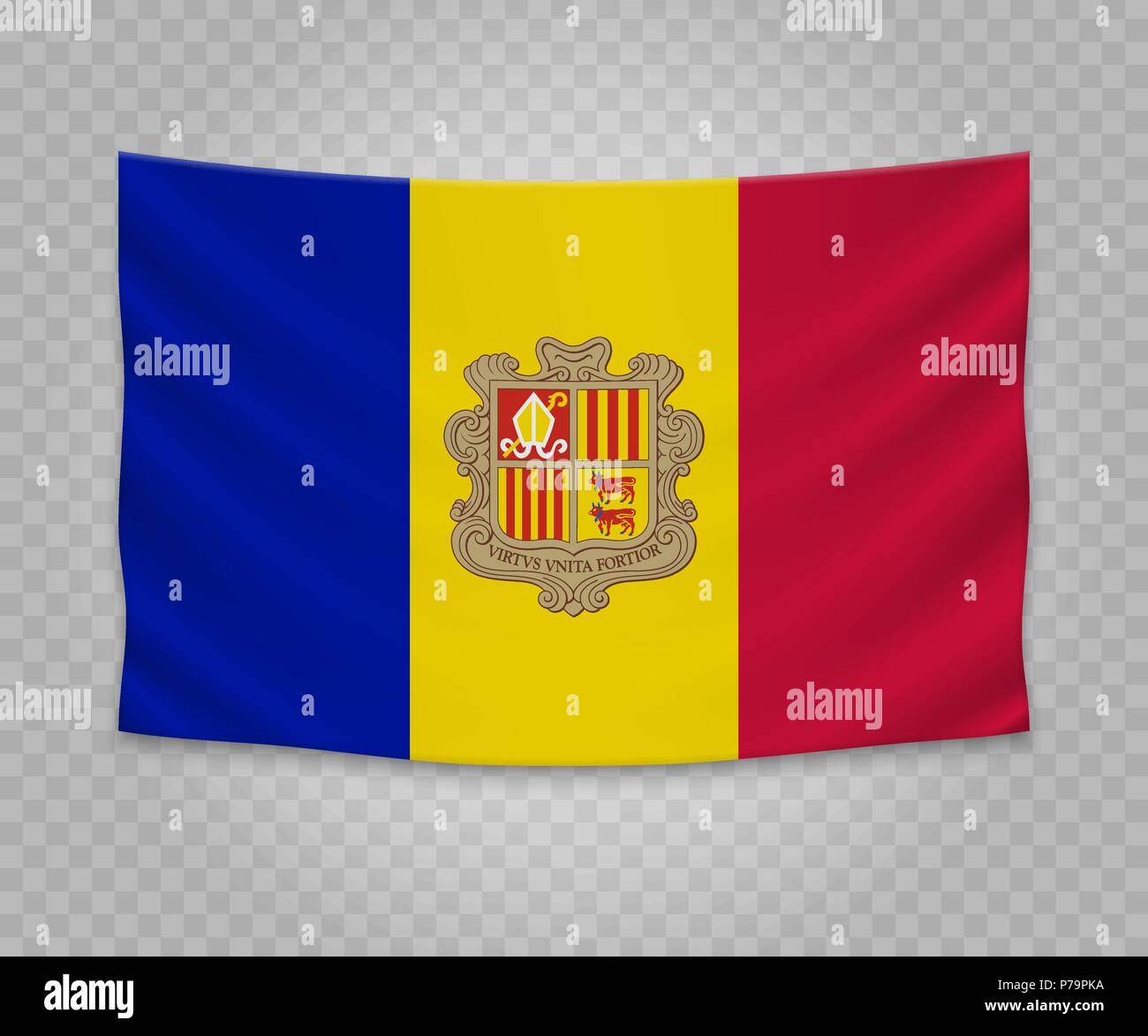 Realistic hanging flag of Andorra. Empty fabric banner illustration ...