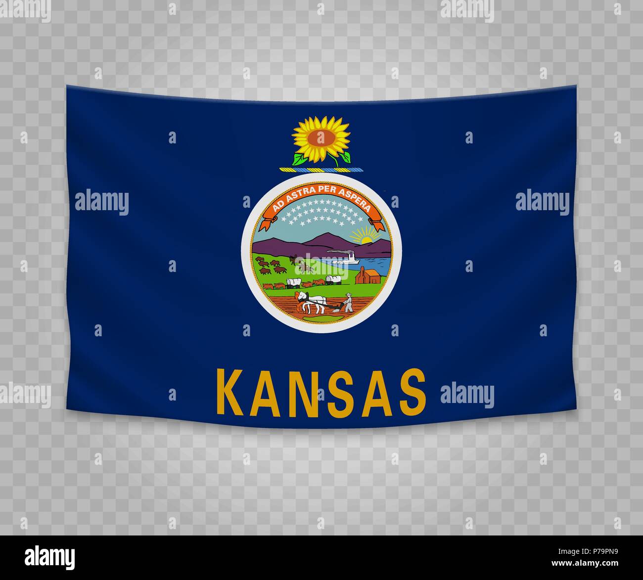Realistic hanging flag of Kansas. State of USA. Empty fabric banner ...