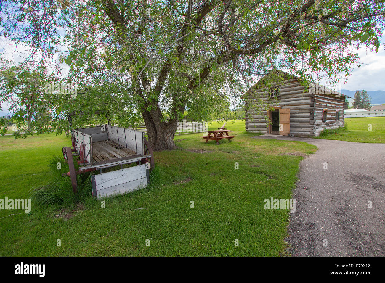 Pioneer wagon and historic carriage house at Fort Missoula, Montana ...