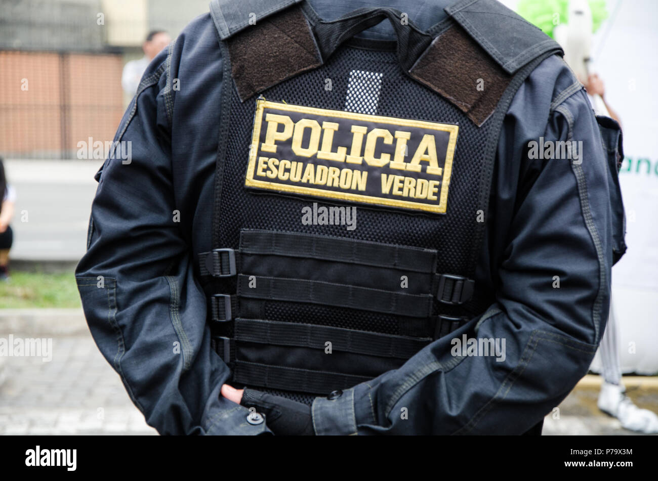 Back of a male police officer, uniform of a policeman in Peru, on his ...