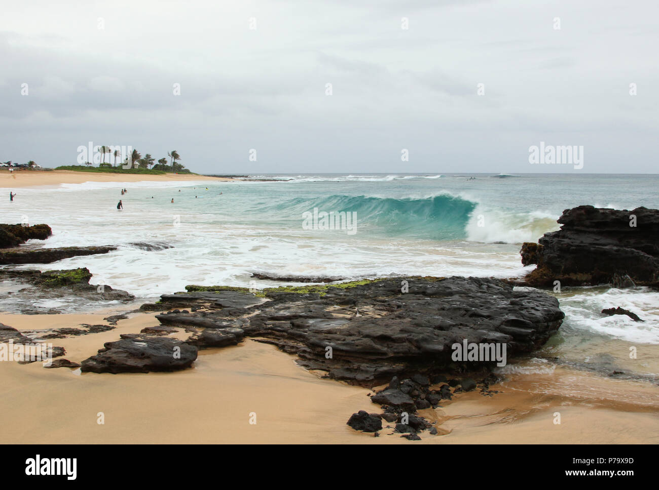 Sandy Beach with surfers and swimmers. Sandy Beach, Halona Cove, Oahu ...