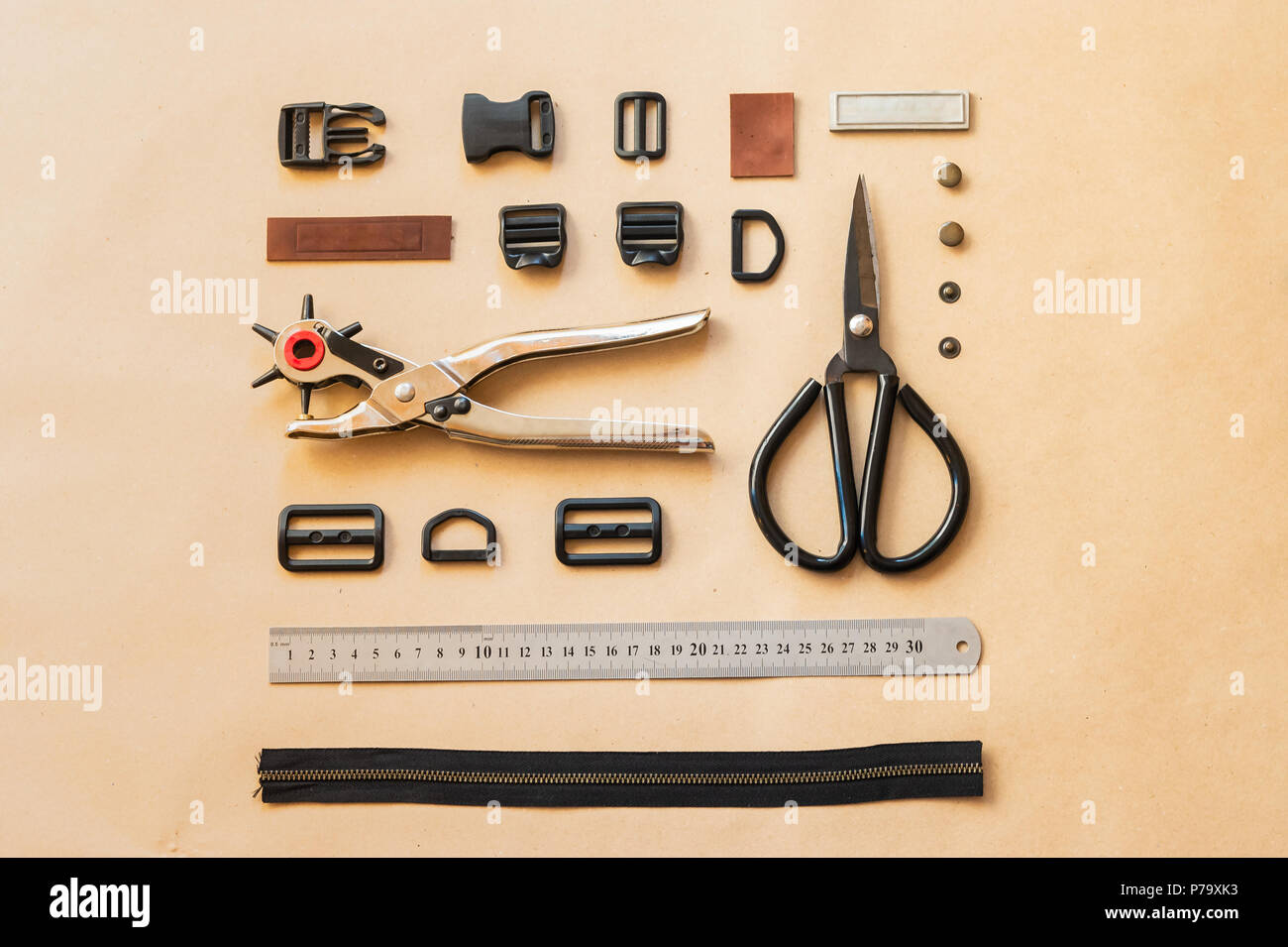 Flat lay of tools and accessories for bags of clothes making Stock ...