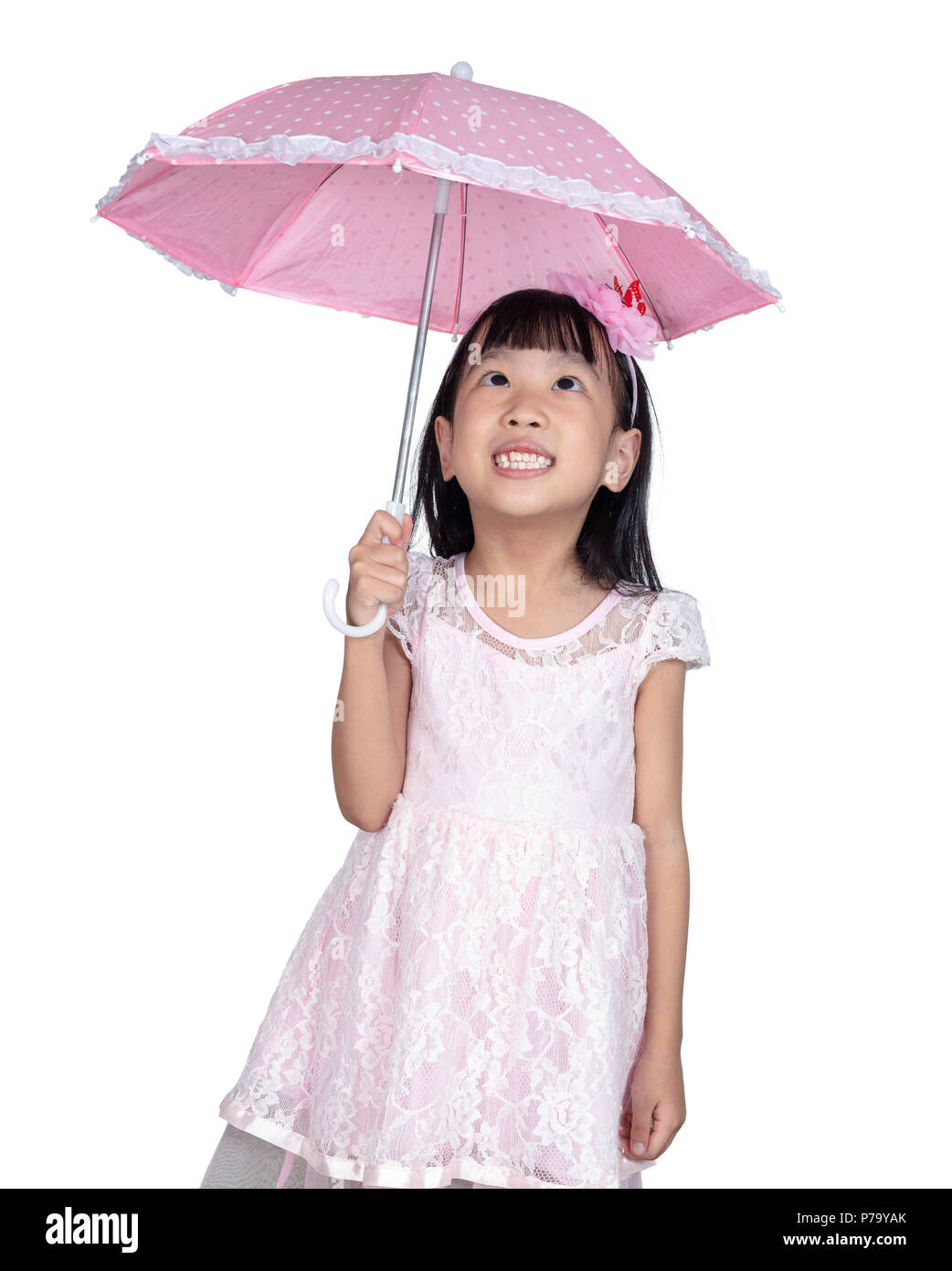 Asian Little Chinese Girl holding umbrella in isolated White Background ...