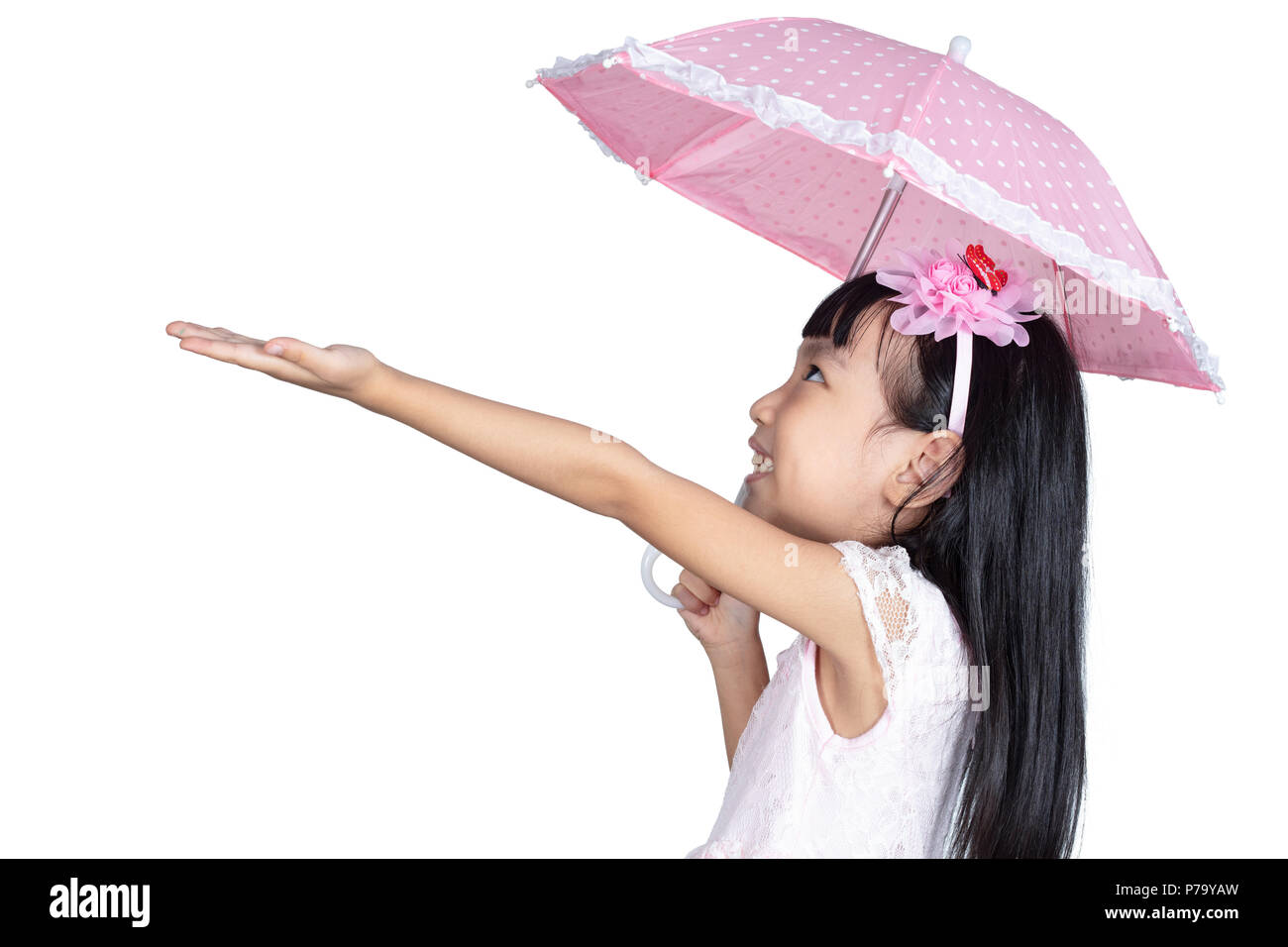 Asian Little Chinese Girl holding umbrella in isolated White Background ...