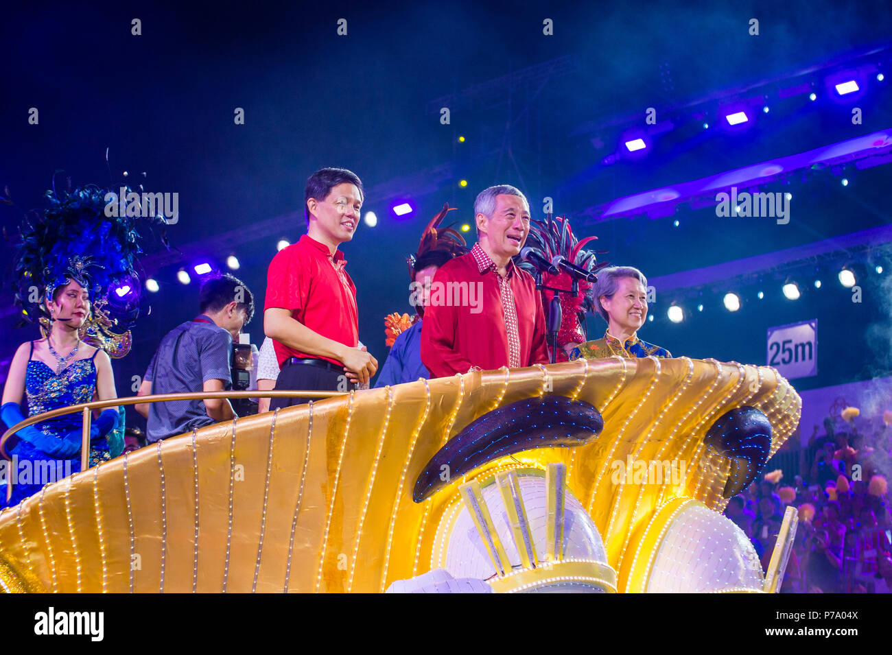 Singapore Prime Minister Lee Hsien Loong in a float procession during ...