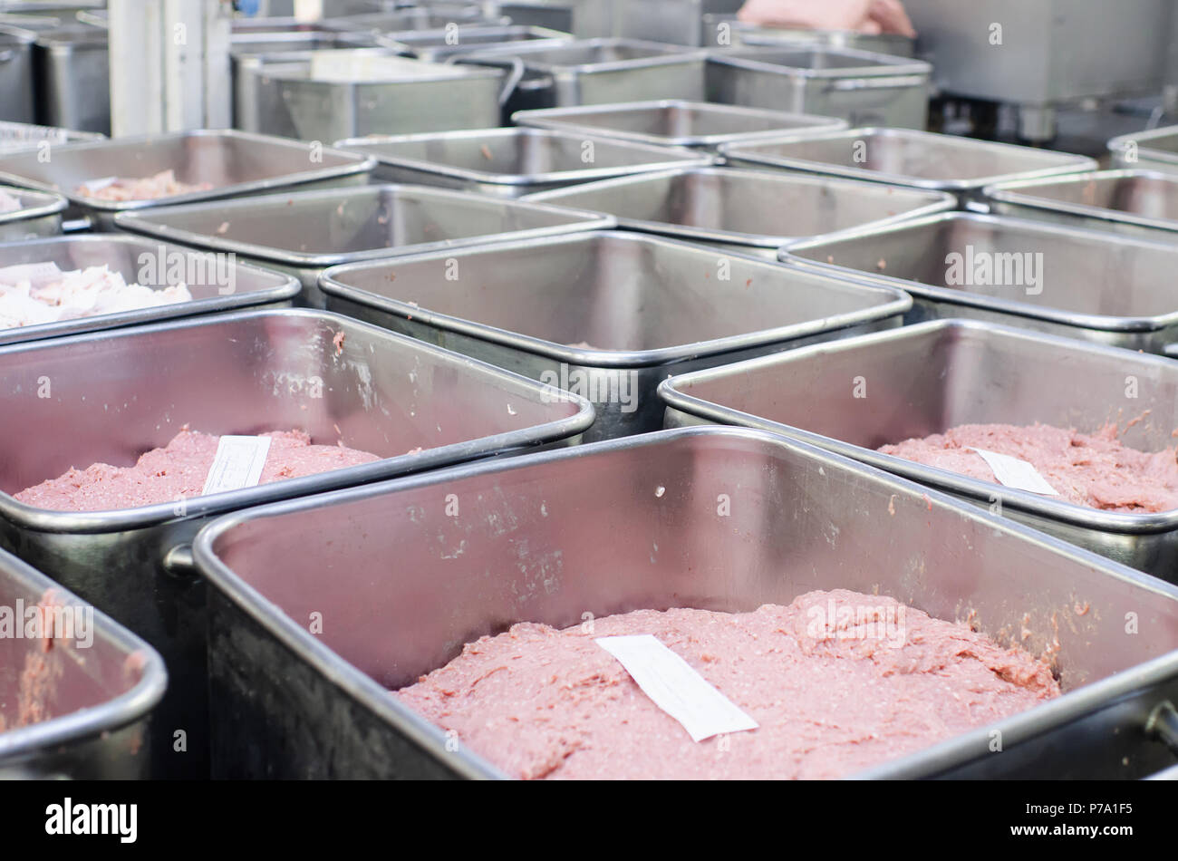 Meat grinder. Sausage production line. Process of sausage manufacturing ...