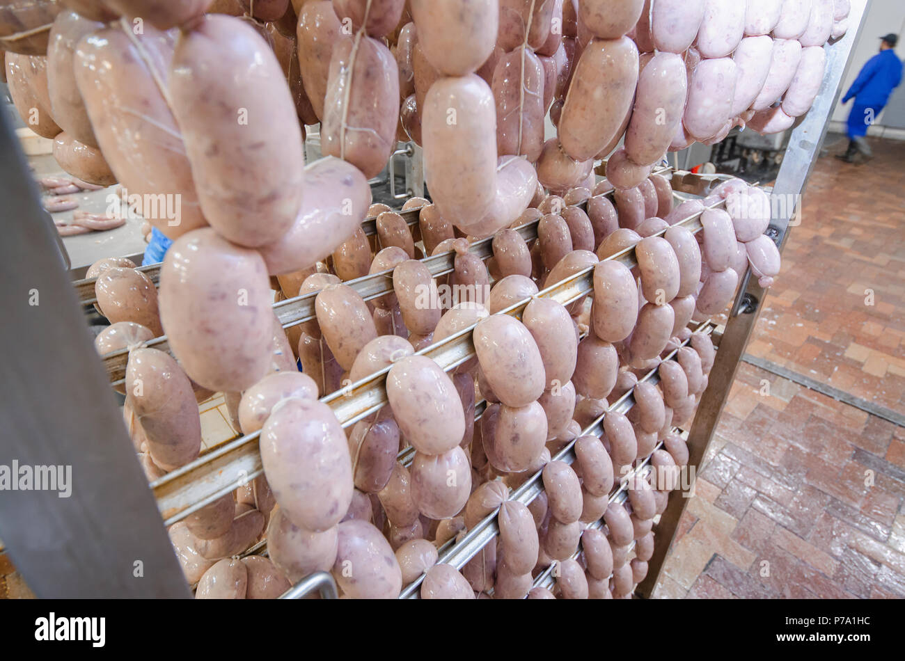 Sausage. Sausage production line. Sausage on the counter for the ...