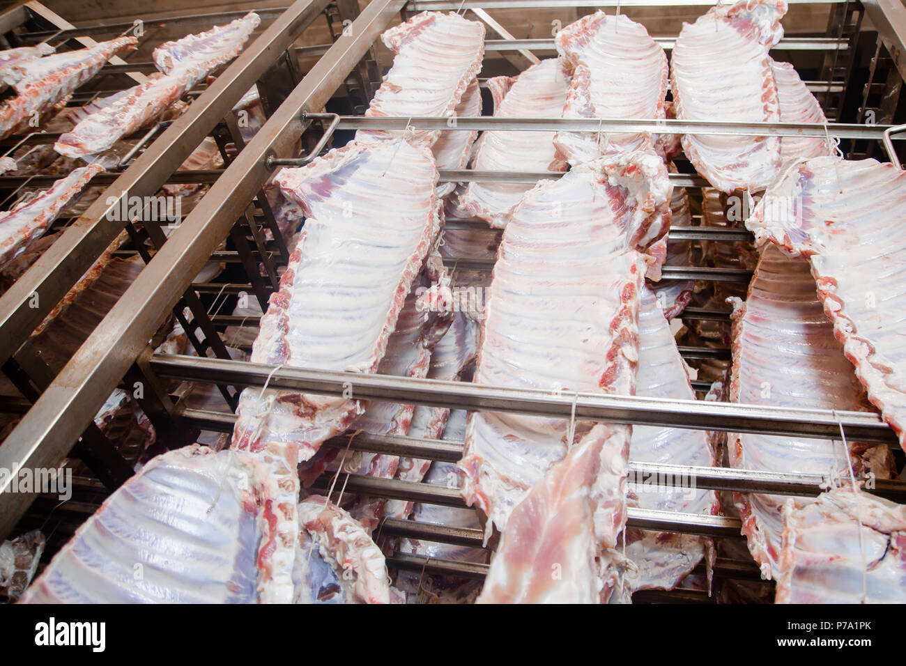 Pork. The line for the production of smoked delicacies. Industrial ...