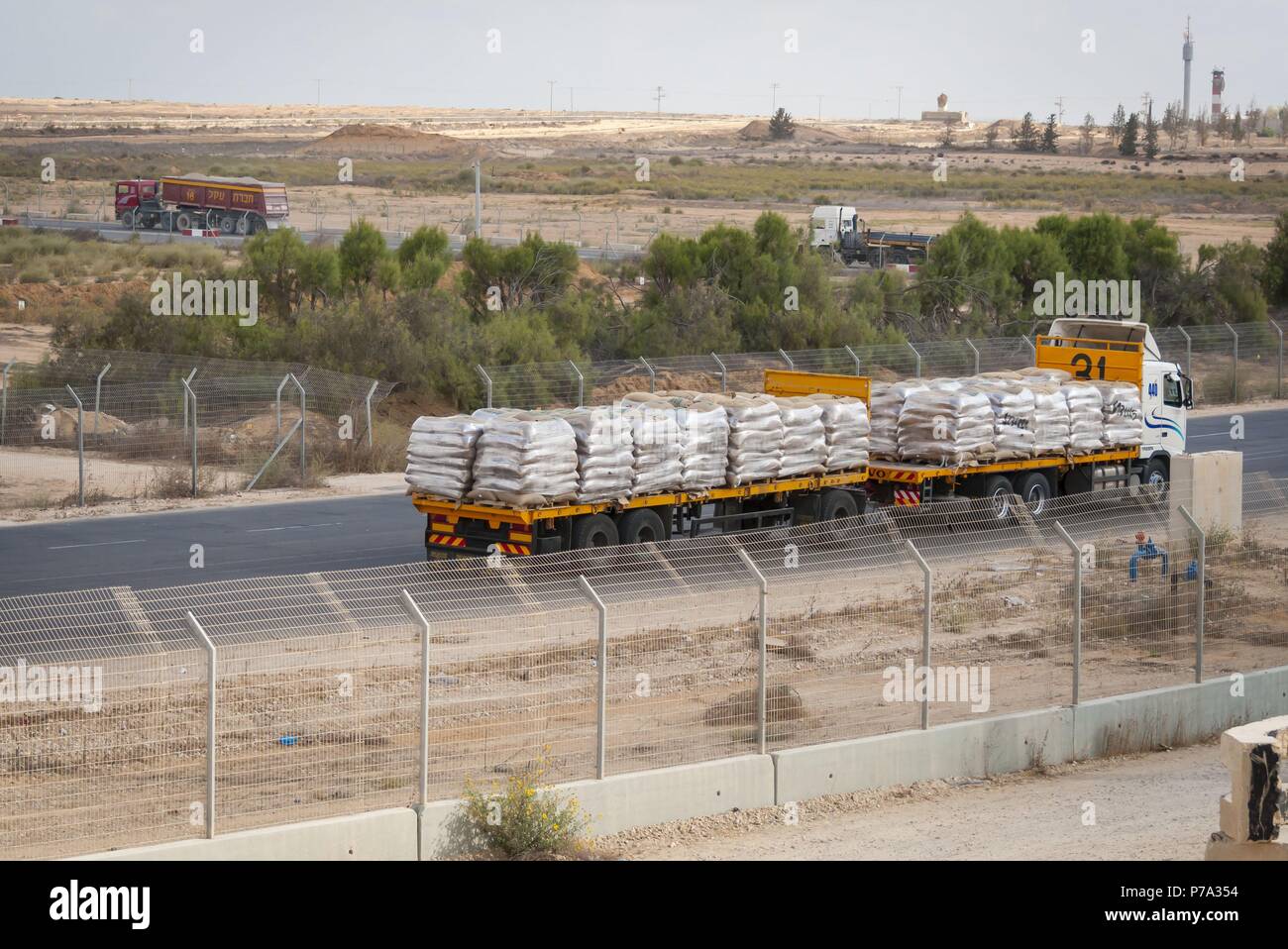 Trucks with goods supply at the Kerem Shalom border terminal. Israel ...
