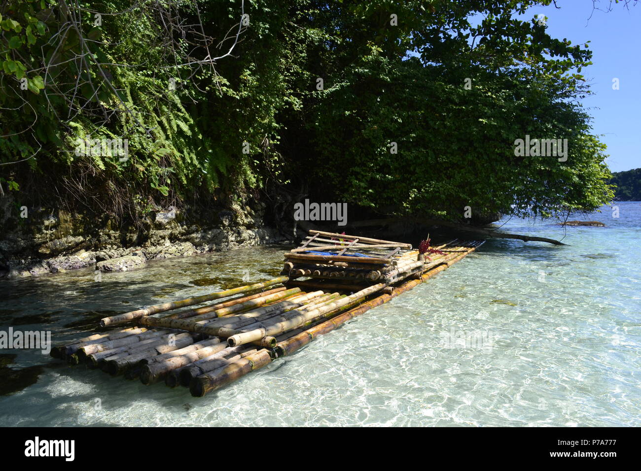 crystal water jamaica beach with bamboo raft Stock Photo - Alamy