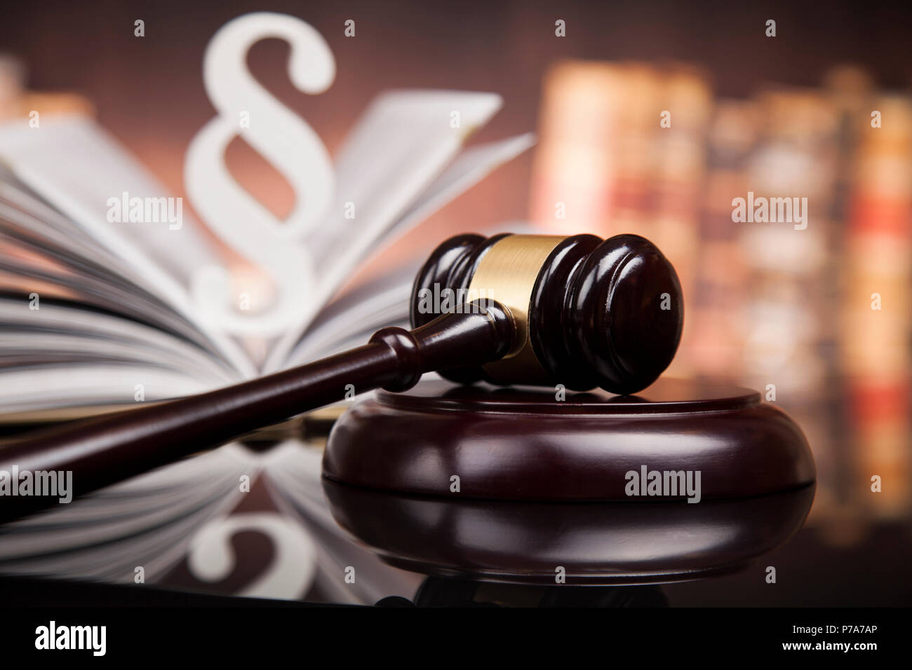 law theme, mallet of the judge, justice scale, books, wooden desk Stock Photo - Alamy