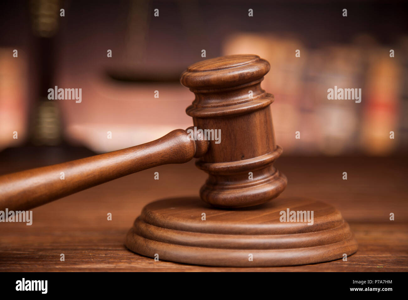 law theme, mallet of the judge, justice scale, books, wooden desk Stock Photo - Alamy