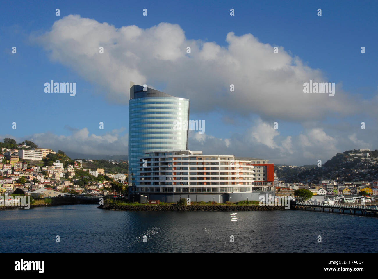 Modern building and older traditional buildings, Fort de France ...