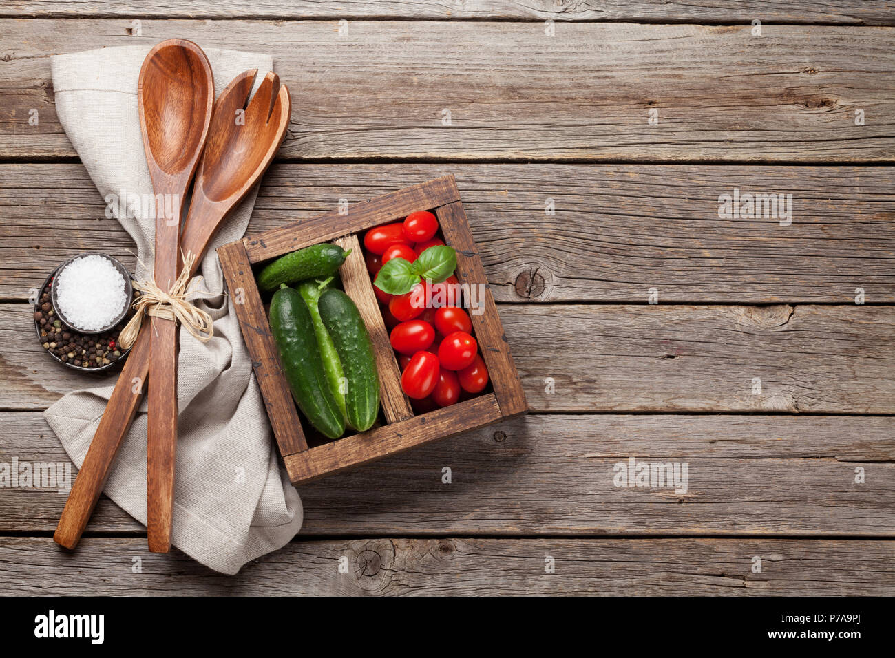 Cooking ingredients. Vegetables and spices. Top view with space for ...