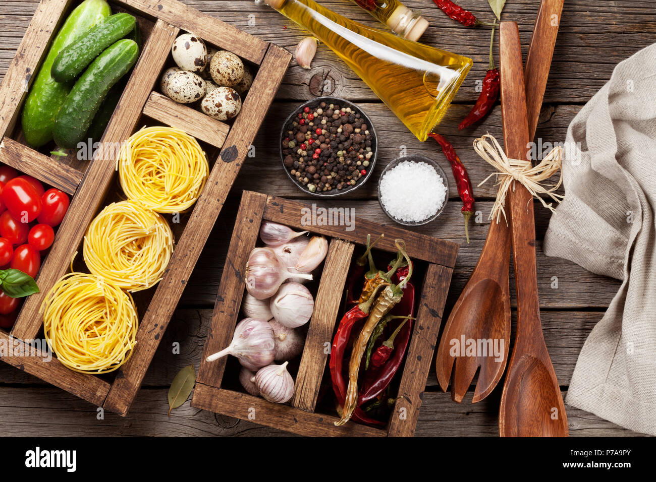 Cooking ingredients. Pasta, vegetables and spices. Top view Stock Photo ...