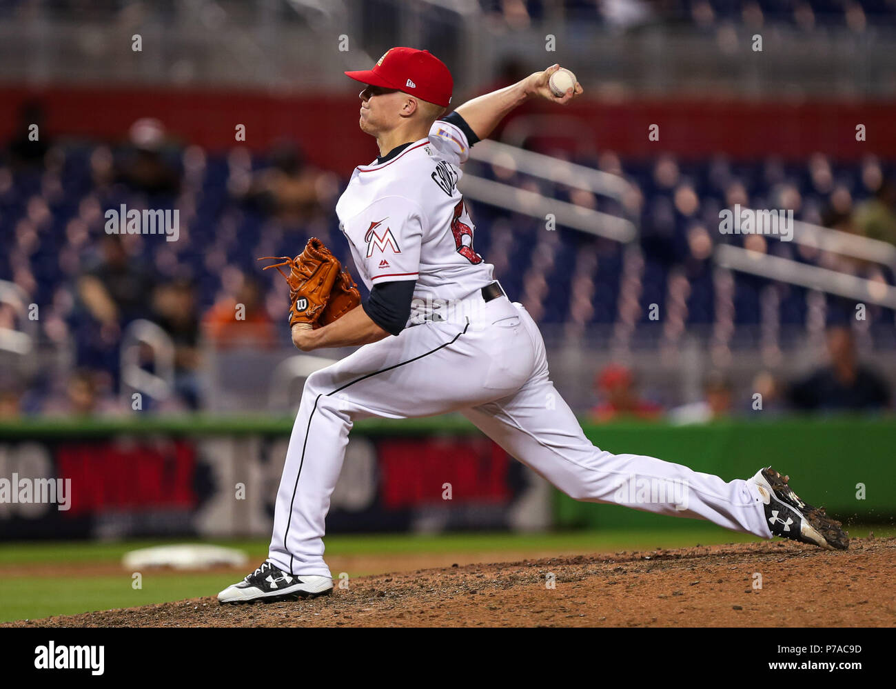 July 03, 2018: Miami Marlins relief pitcher Brett Graves (53) delivers ...