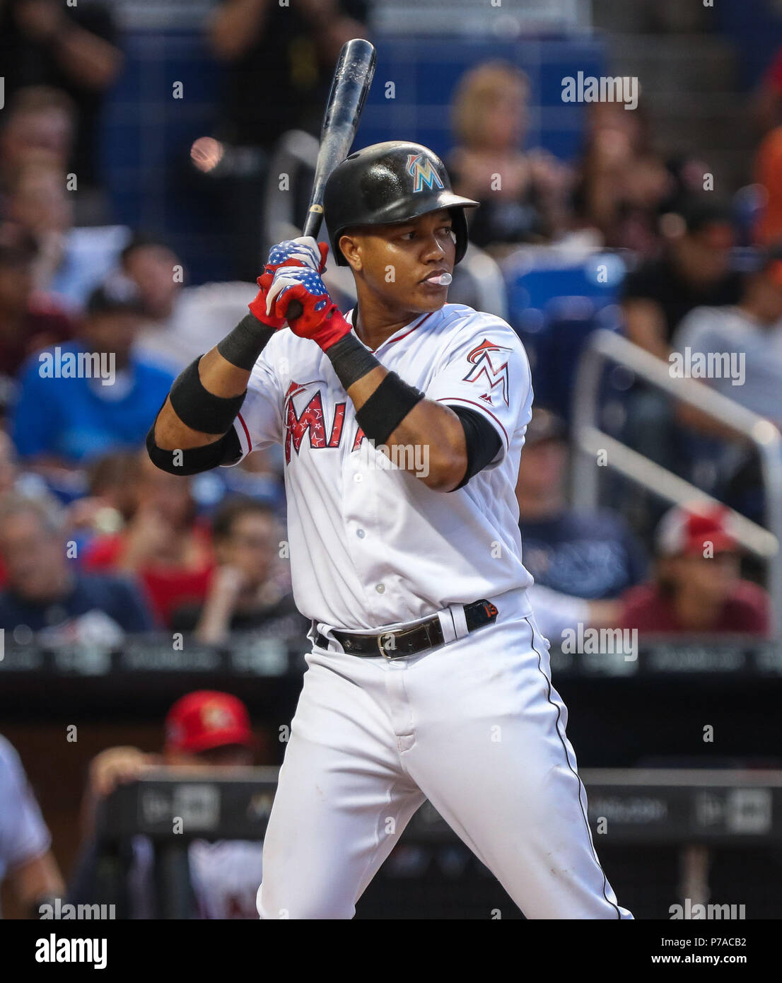 July 03, 2018: Miami Marlins second baseman Starlin Castro (13) at bat ...